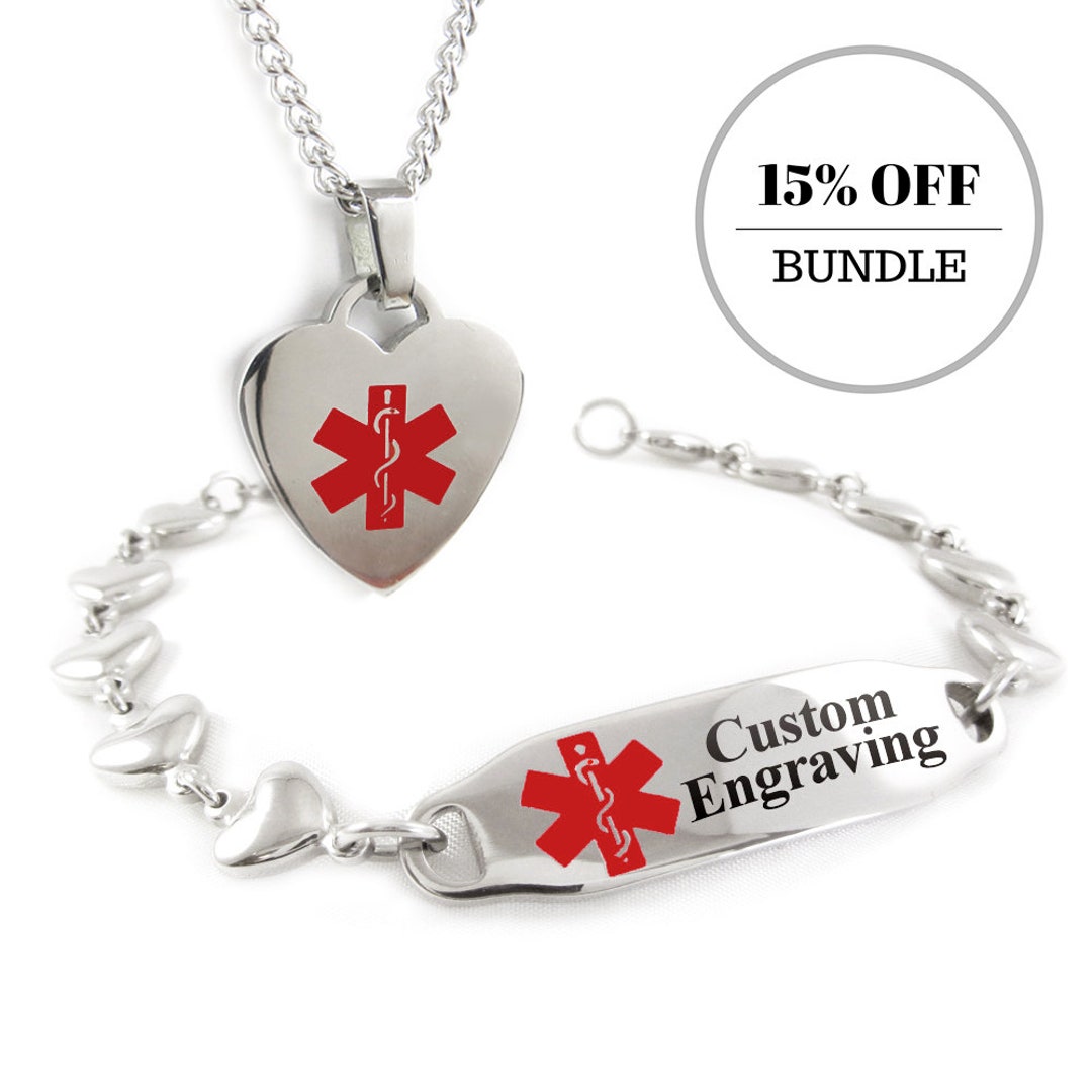 Medical Alert Heart Bracelet and Heart ID Necklace, Custom Engraved ...