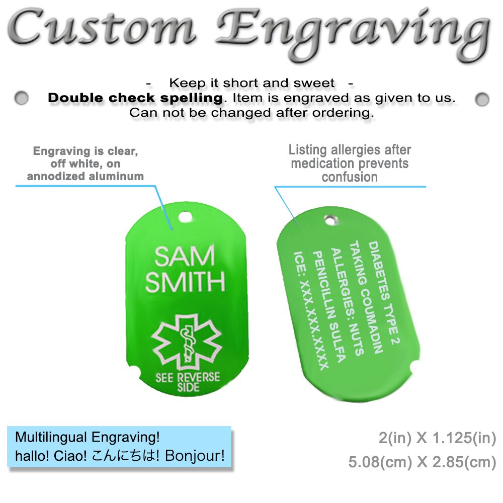 Aluminum Medical Alert ID Dog Tag Green Custom ENGRAVED - Etsy