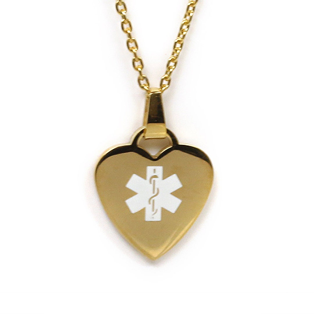 Medical Alert Necklace, Gold Toned Steel Heart - P5CD-N24D - Etsy