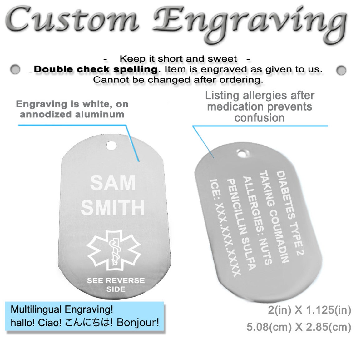 Medical Alert ID Dog Tag Custom ENGRAVED FREE Silver | Etsy