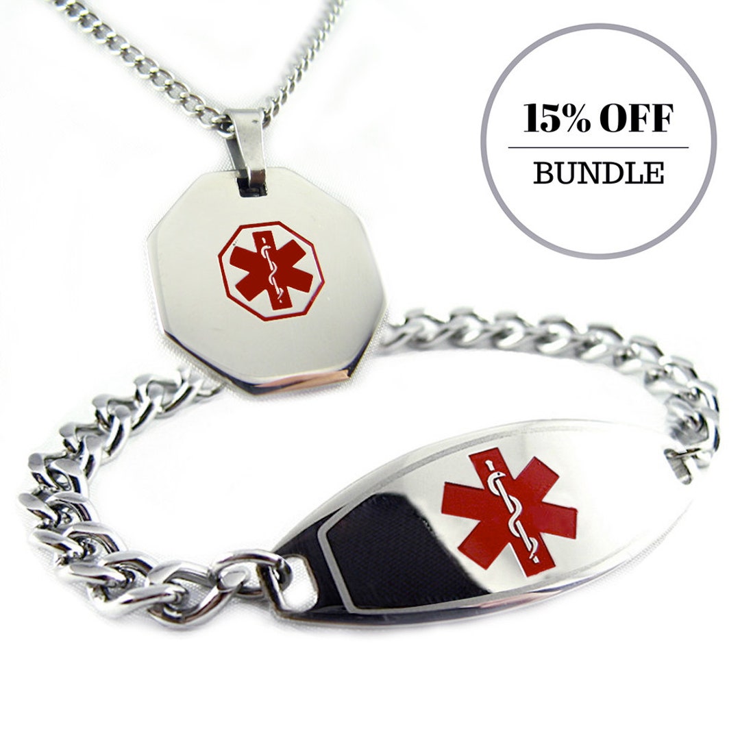 Medical Alert Curb Chain Bracelet and ID Necklace, Custom Engraved ...