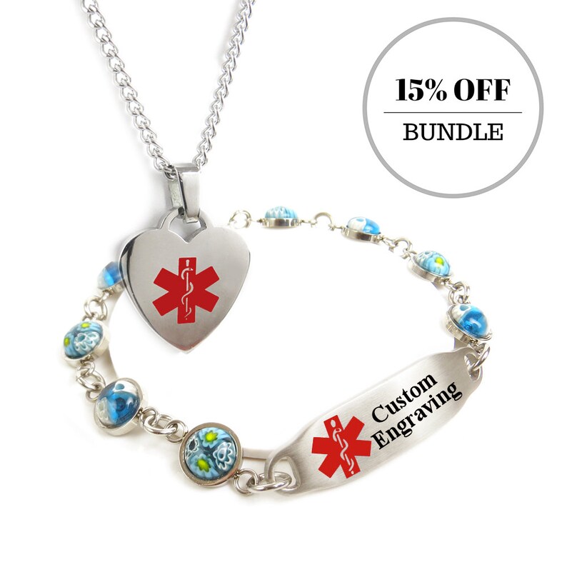 Medical Alert Blue Millefiori Glass Bracelet for Women and Heart ID ...