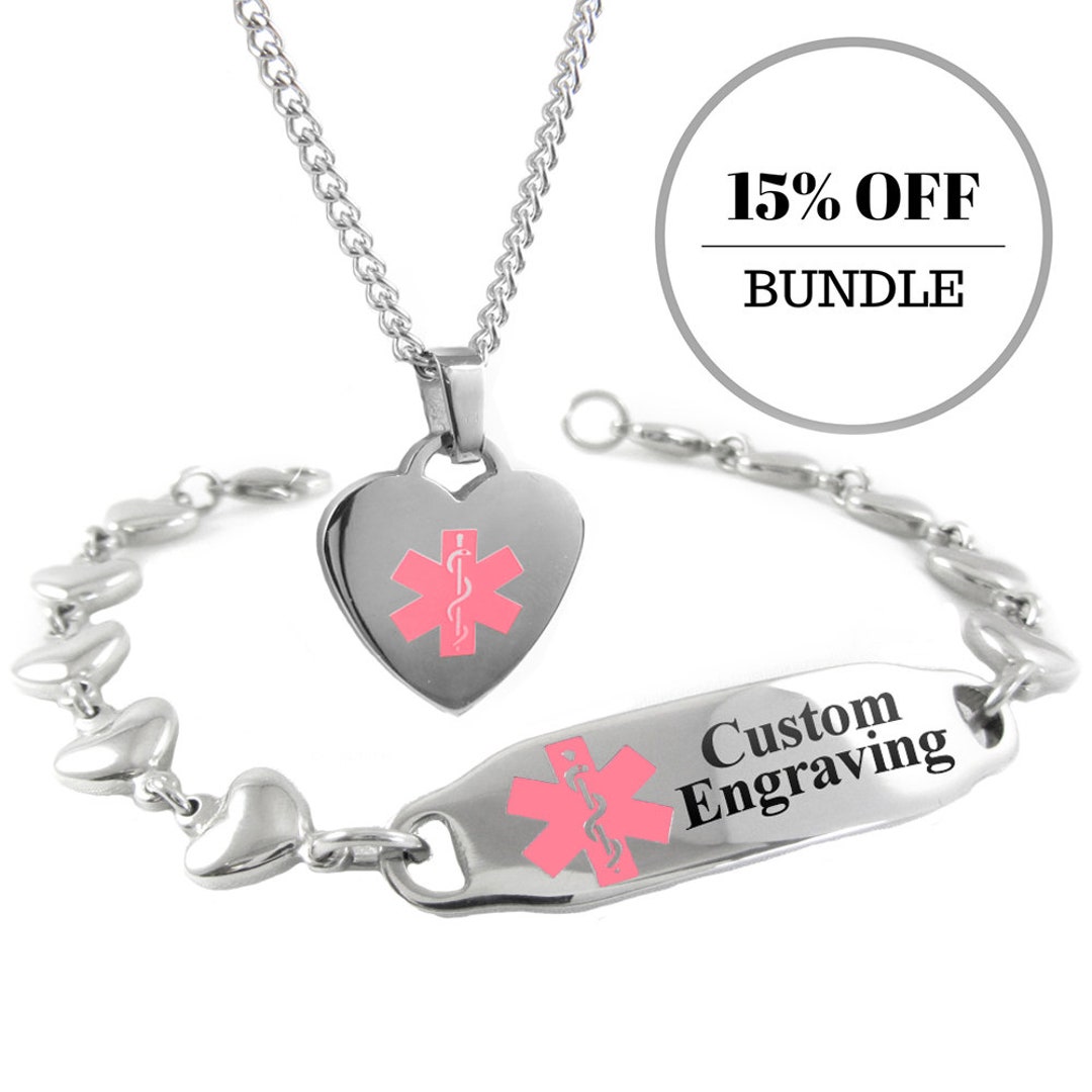 Medical Alert Heart Bracelet and Heart ID Necklace, Custom Engraved ...