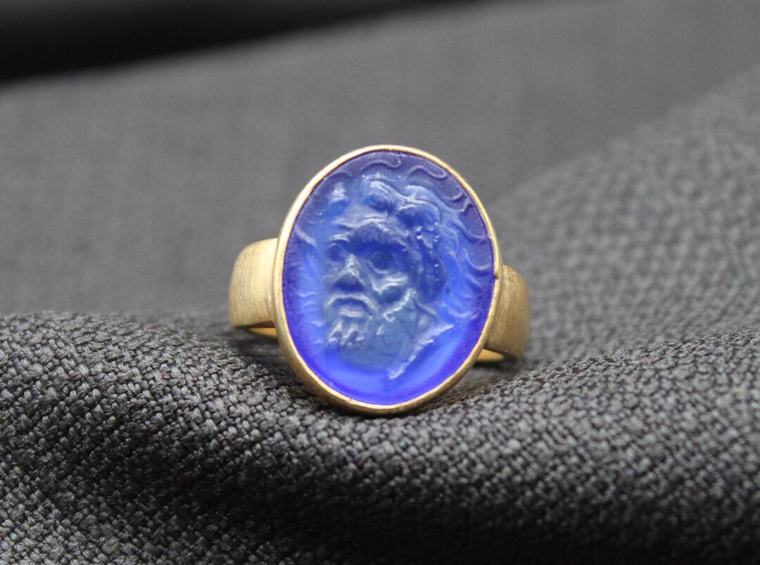Handcrafted Zeus Intaglio Ring, 925 Sterling Silver Blue Glass Engraved ...