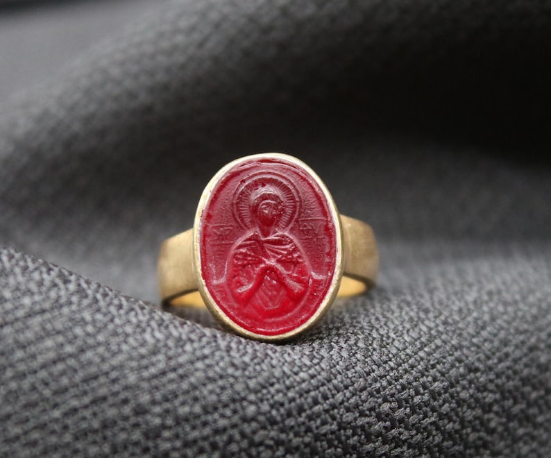 Saint Mary Ring, Handmade Intaglio Glass 925 Sterling Silver, Religious ...