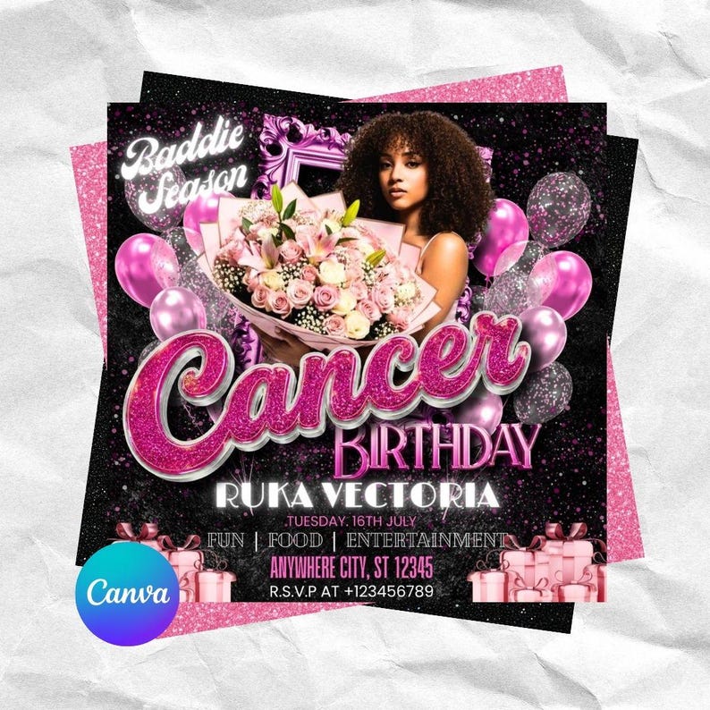 Cancer Birthday Flyer Template, Baddie Season Invitation (canva ...
