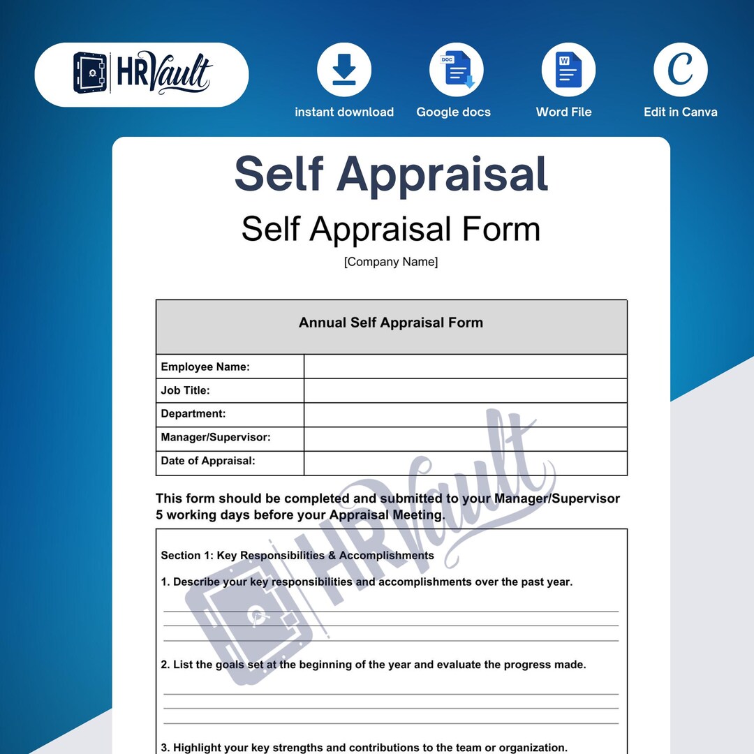 Self Appraisal Form Template | Employee Performance Review, Editable ...