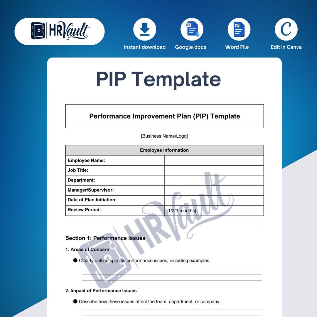 Performance Improvement Plan Template | Editable Template PIP Form, HR Form, Employee Evaluation ...