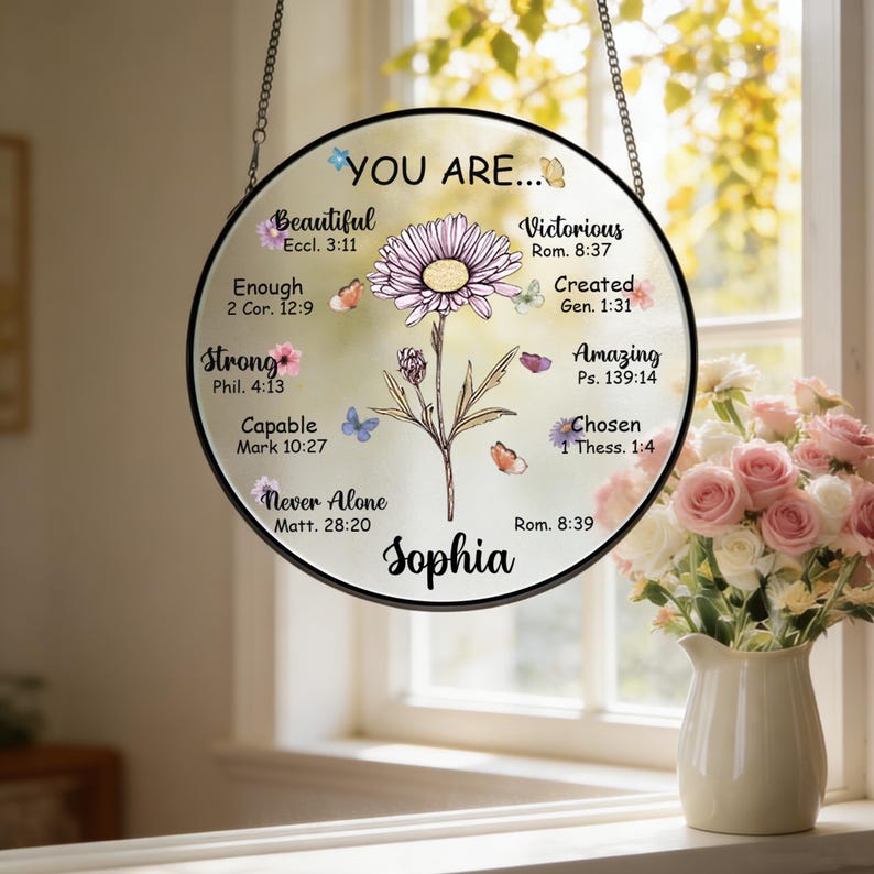 Custom Birth Flower and Bible Verse Stained Glass Suncatcher, Floral ...