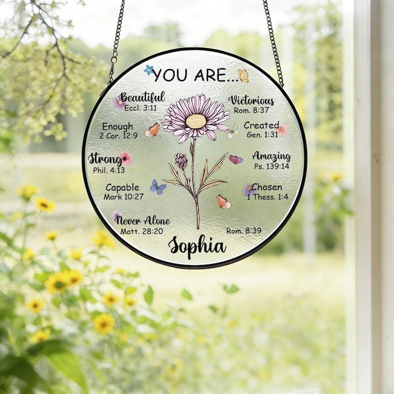 Custom Birth Flower and Bible Verse Stained Glass Suncatcher, Floral ...
