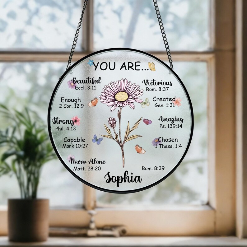Custom Birth Flower and Bible Verse Stained Glass Suncatcher, Floral ...