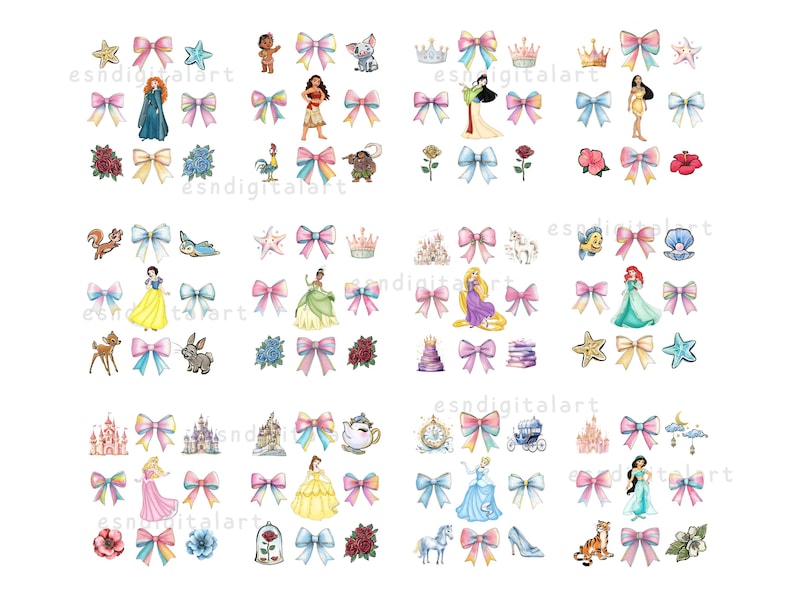 Princess Watercolor Bows Png Bundle, Princess Clipart, Coquette Bow Png ...