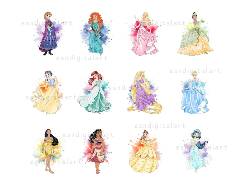 Watercolor Princess Clipart Png, All Princess Sublimation Printable Art ...