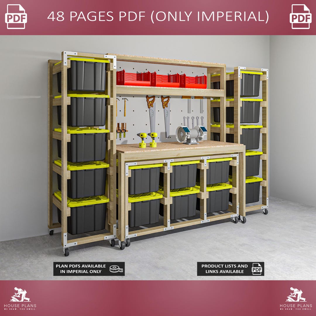 Workbench Plans, 27 Gallon Tote Rack Plans, Garage Table Plans, Storage ...