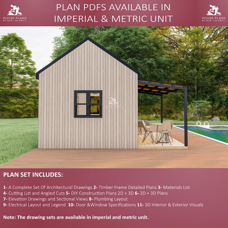 12' X 16' Pool House Plans, Tiny House Plan, 192 SQFT, Guest Cabin ...