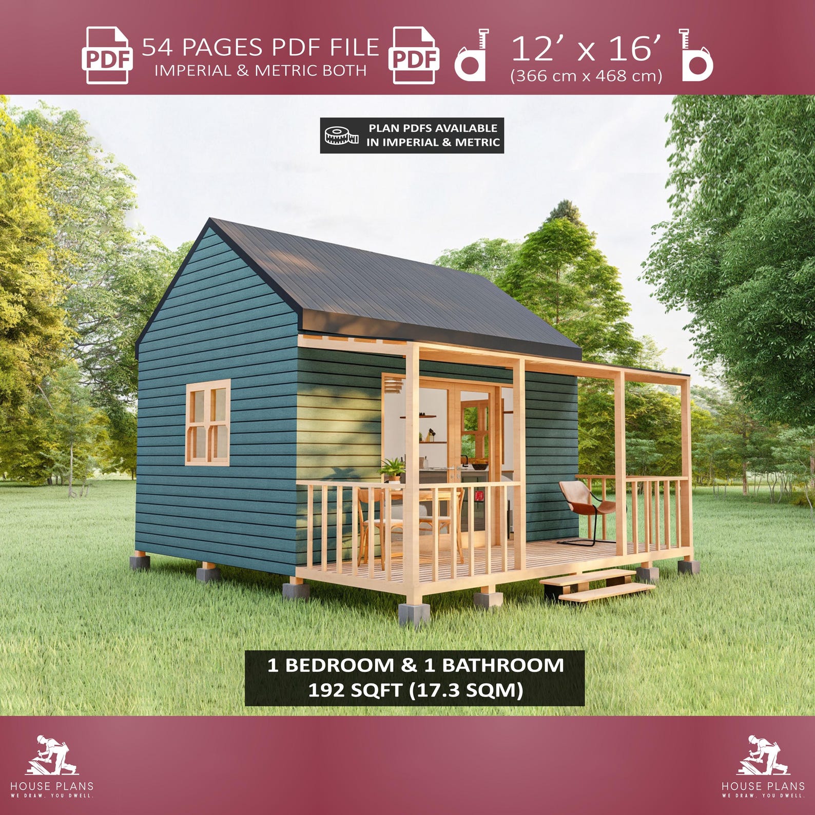 12'x16' Tiny House Plans, DIY Cabin Home 192 SQFT, Small House, Cottage ...