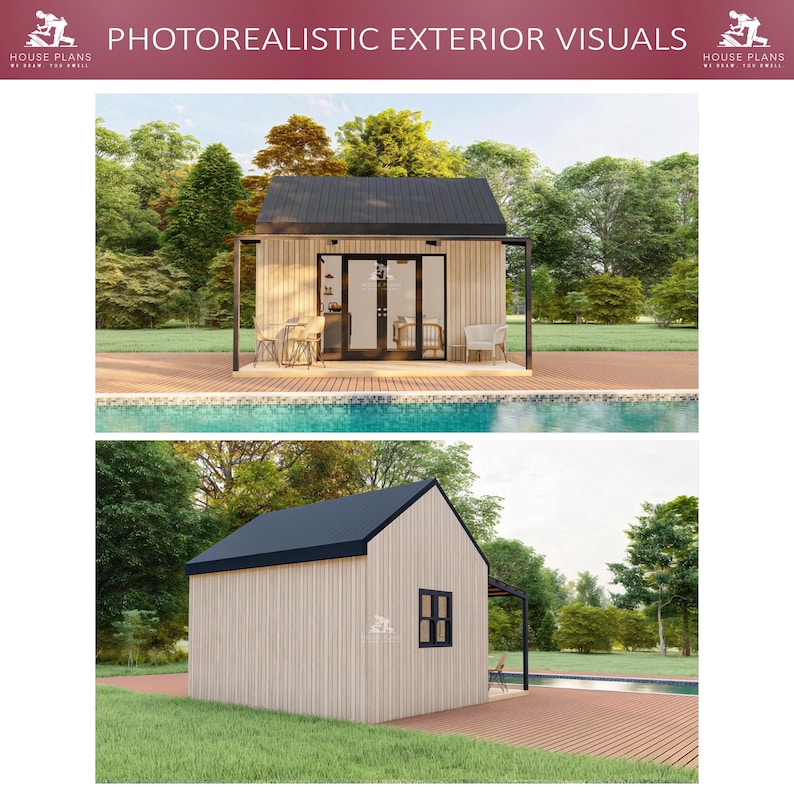 12' X 16' Pool House Plans, Tiny House Plan, 192 SQFT, Guest Cabin ...