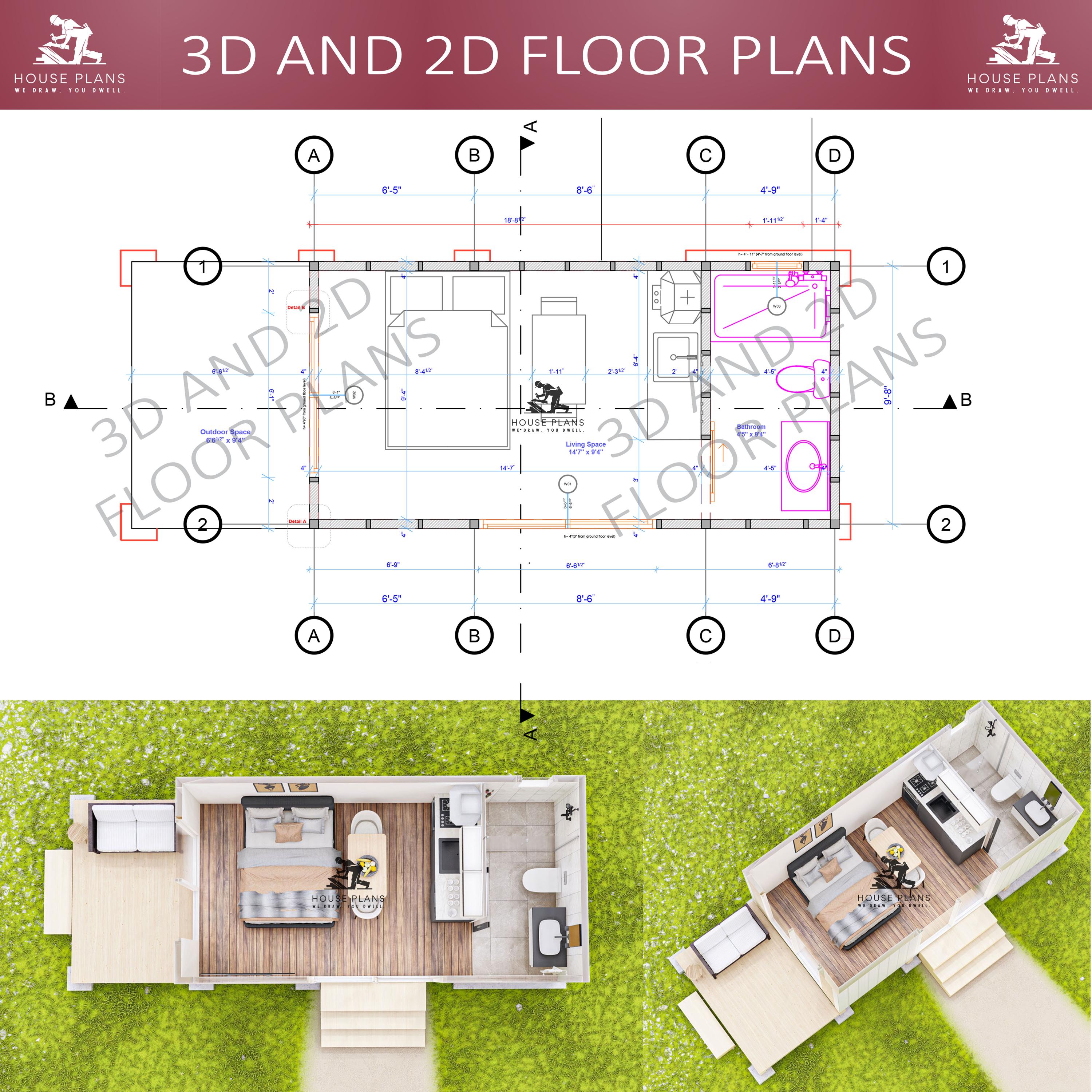 10x20 Small House Plans, Tiny House Plan, 200 SQFT, 1 Bedroom Cabin ...