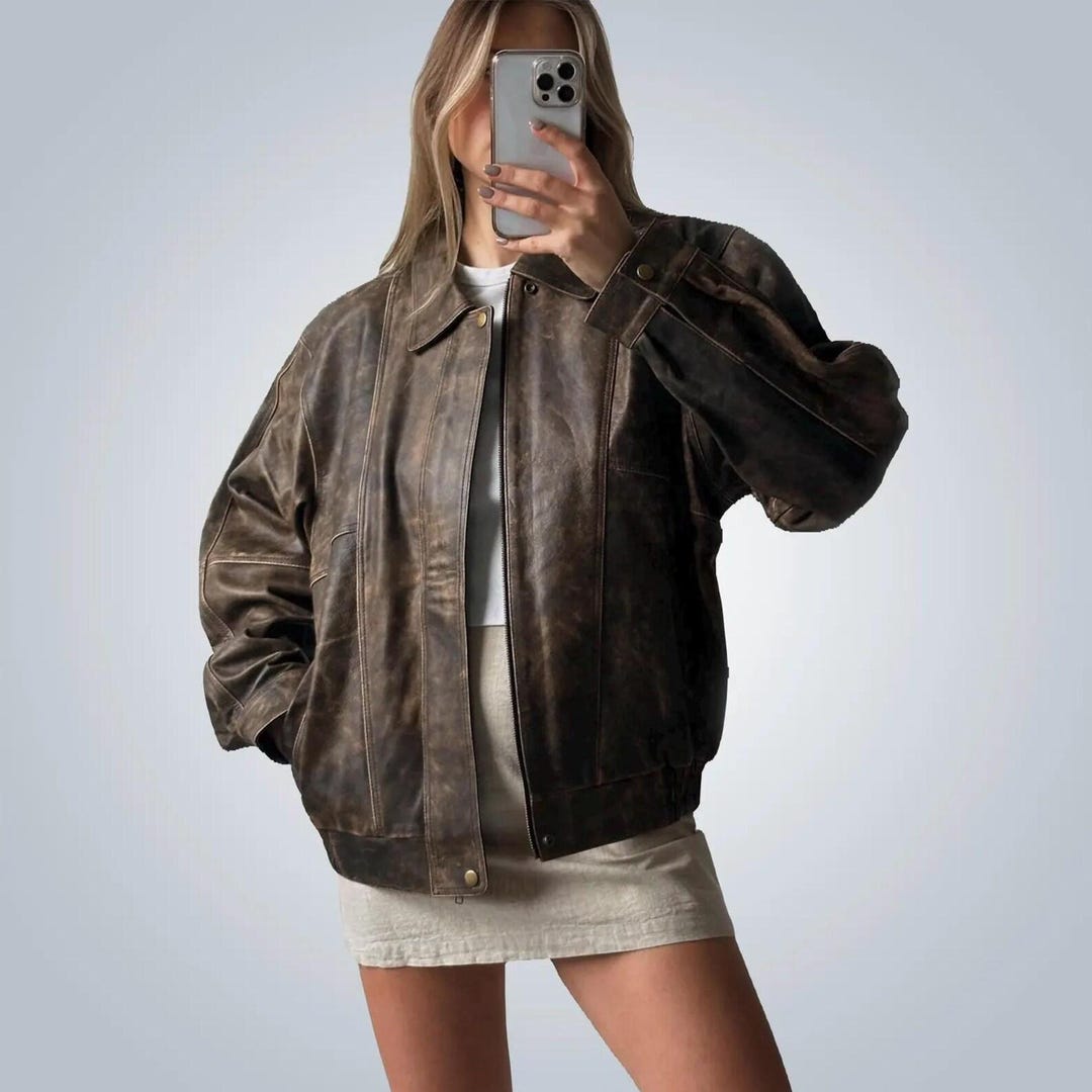 80s Oversize Boxy Leather Jacket Handmade Retro Distressed Brown ...