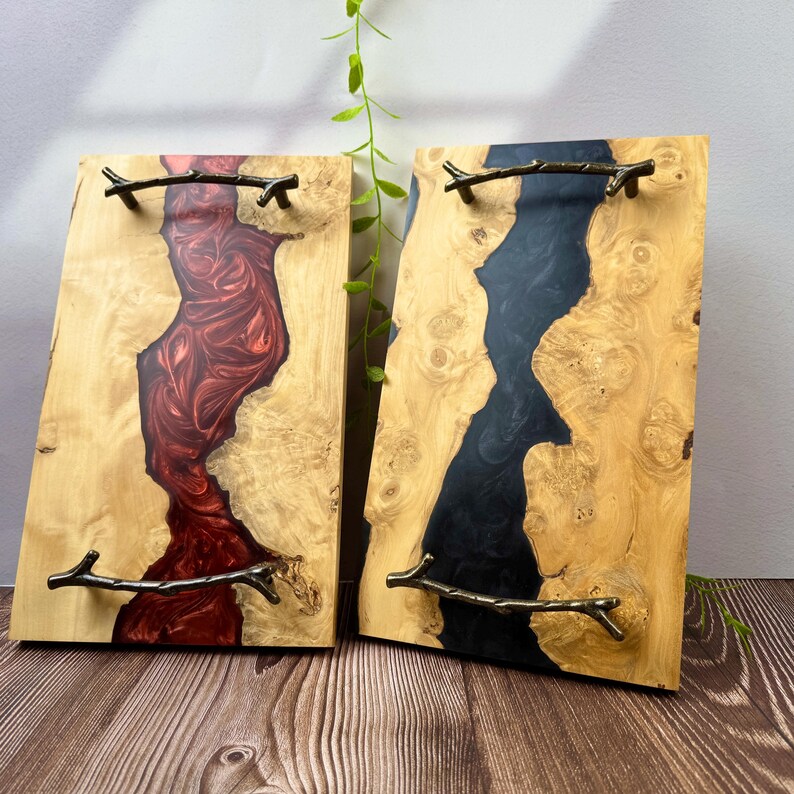 Black River Resin Serving Tray – Handmade Epoxy Wood Tray With Branch ...