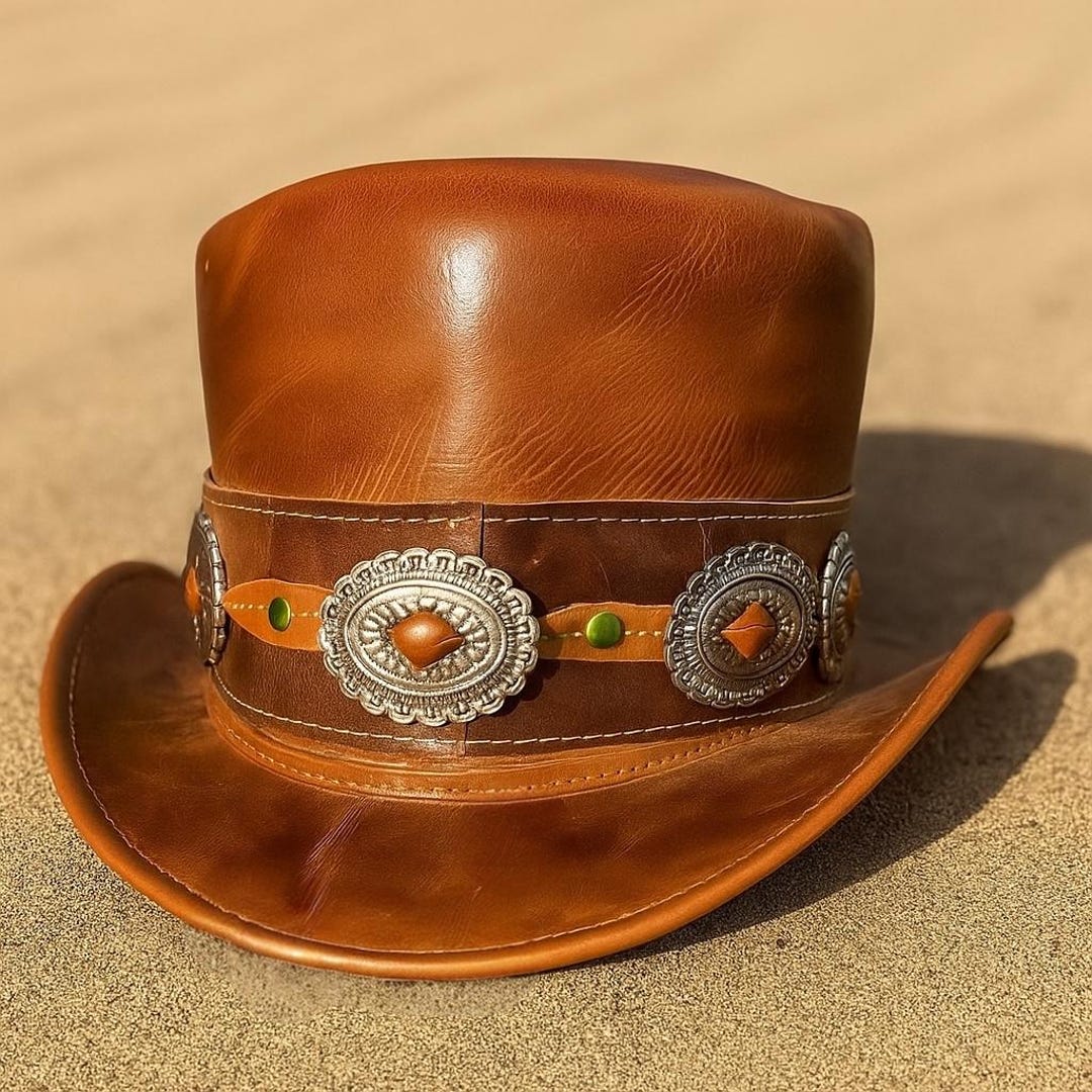 Rustic Brown Leather Steampunk Top Hat: Chromed Silver Conchos Gothic ...