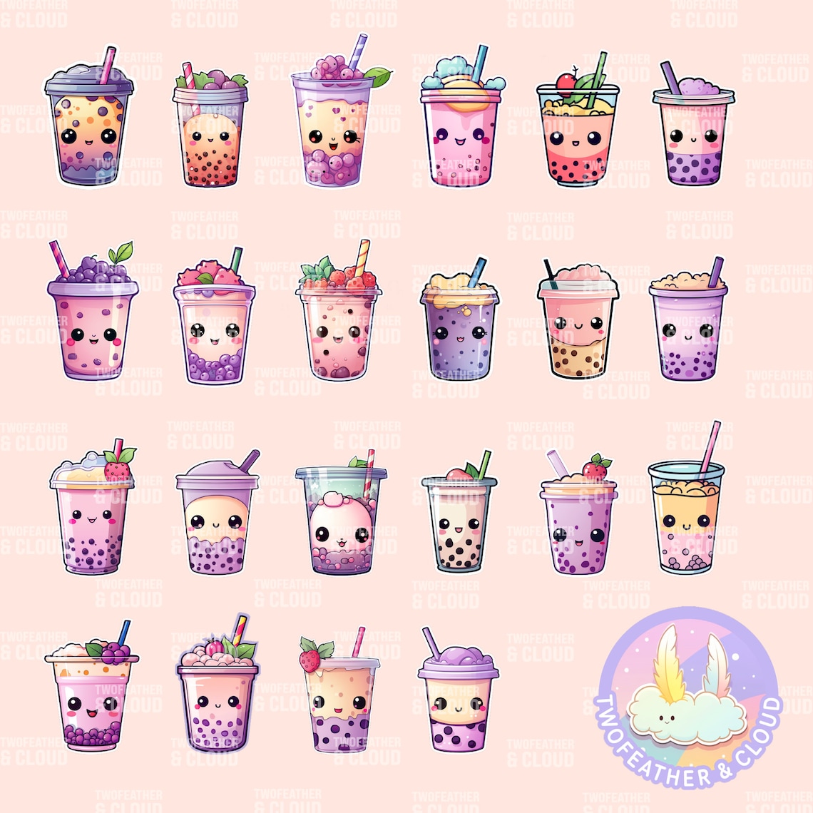 Kawaii Boba Bubble Tea Clip Art PNG 22 Cute Watercolor Illustrations of ...