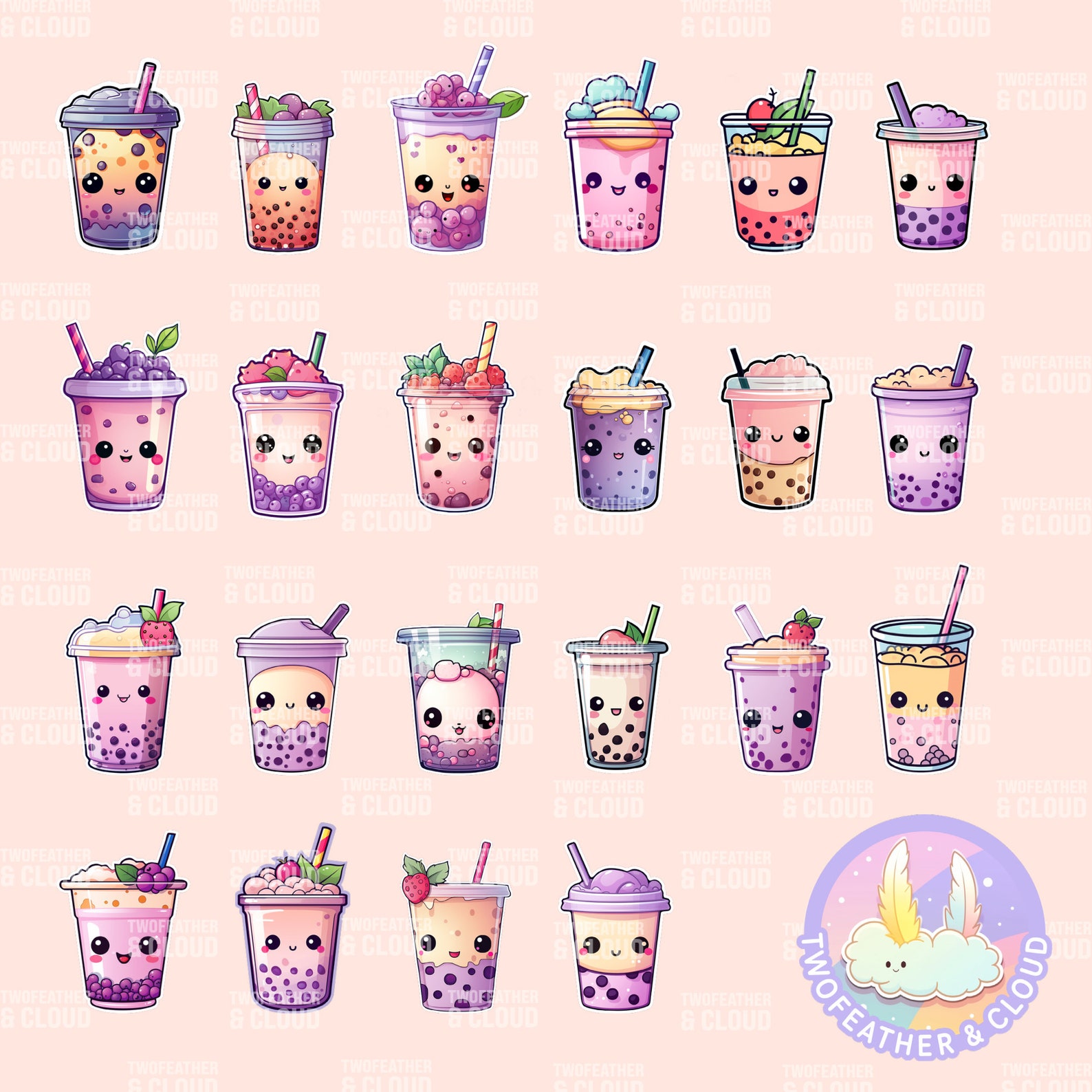 Kawaii Boba Bubble Tea Clip Art PNG - 22 Cute Watercolor Illustrations ...