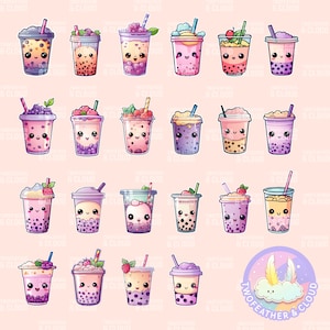 Kawaii Boba Bubble Tea Clip Art PNG - 22 Cute Watercolor Illustrations ...