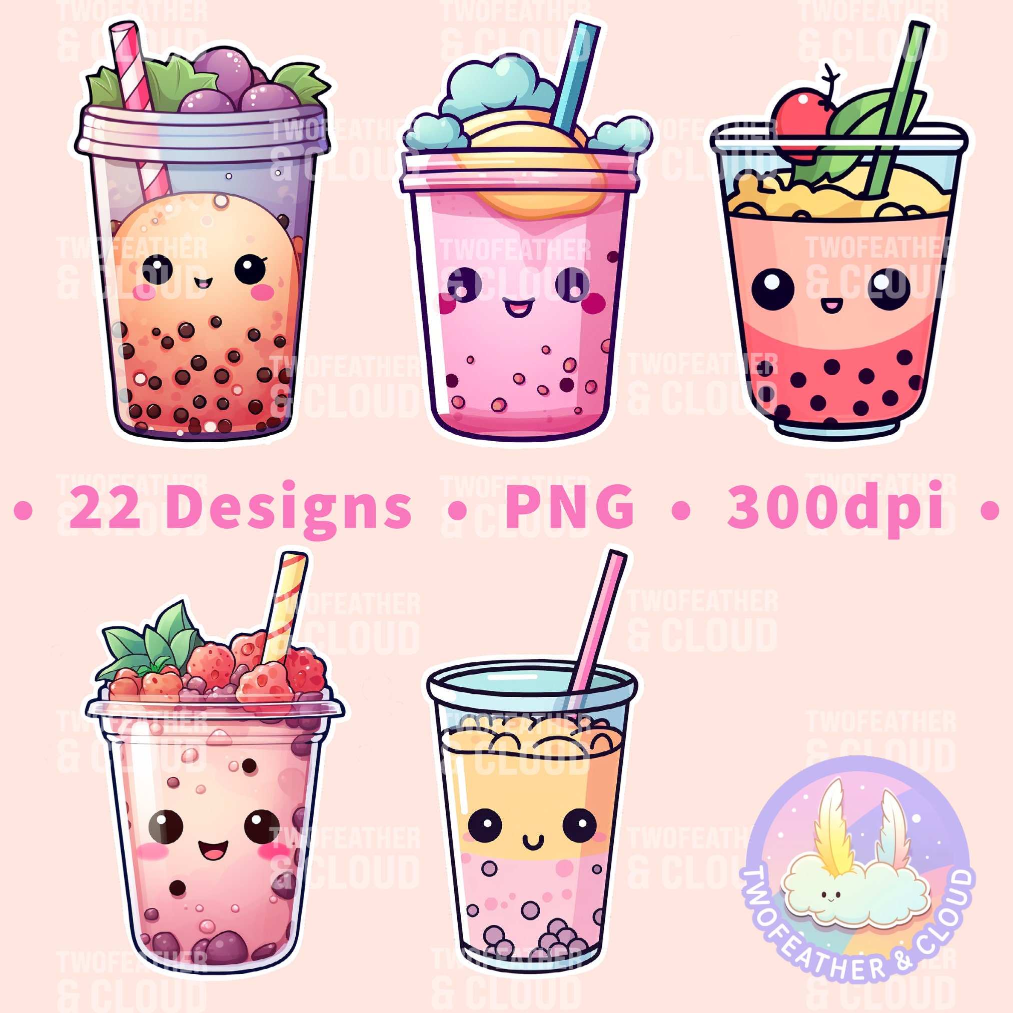 Kawaii Boba Bubble Tea Clip Art PNG - 22 Cute Watercolor Illustrations ...