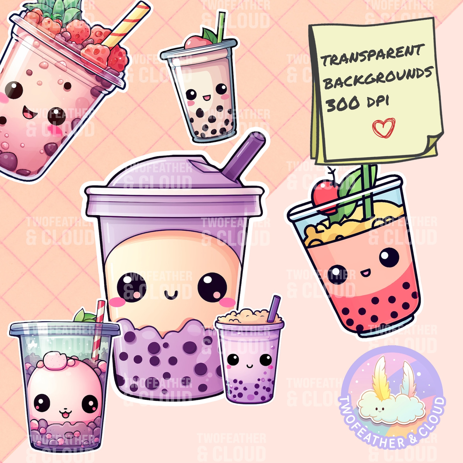 Kawaii Boba Bubble Tea Clip Art PNG - 22 Cute Watercolor Illustrations ...