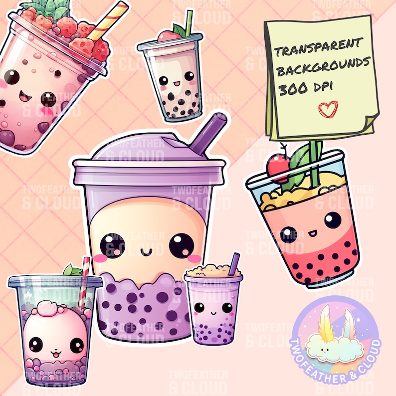 Kawaii Boba Bubble Tea Clip Art PNG - 22 Cute Watercolor Illustrations ...