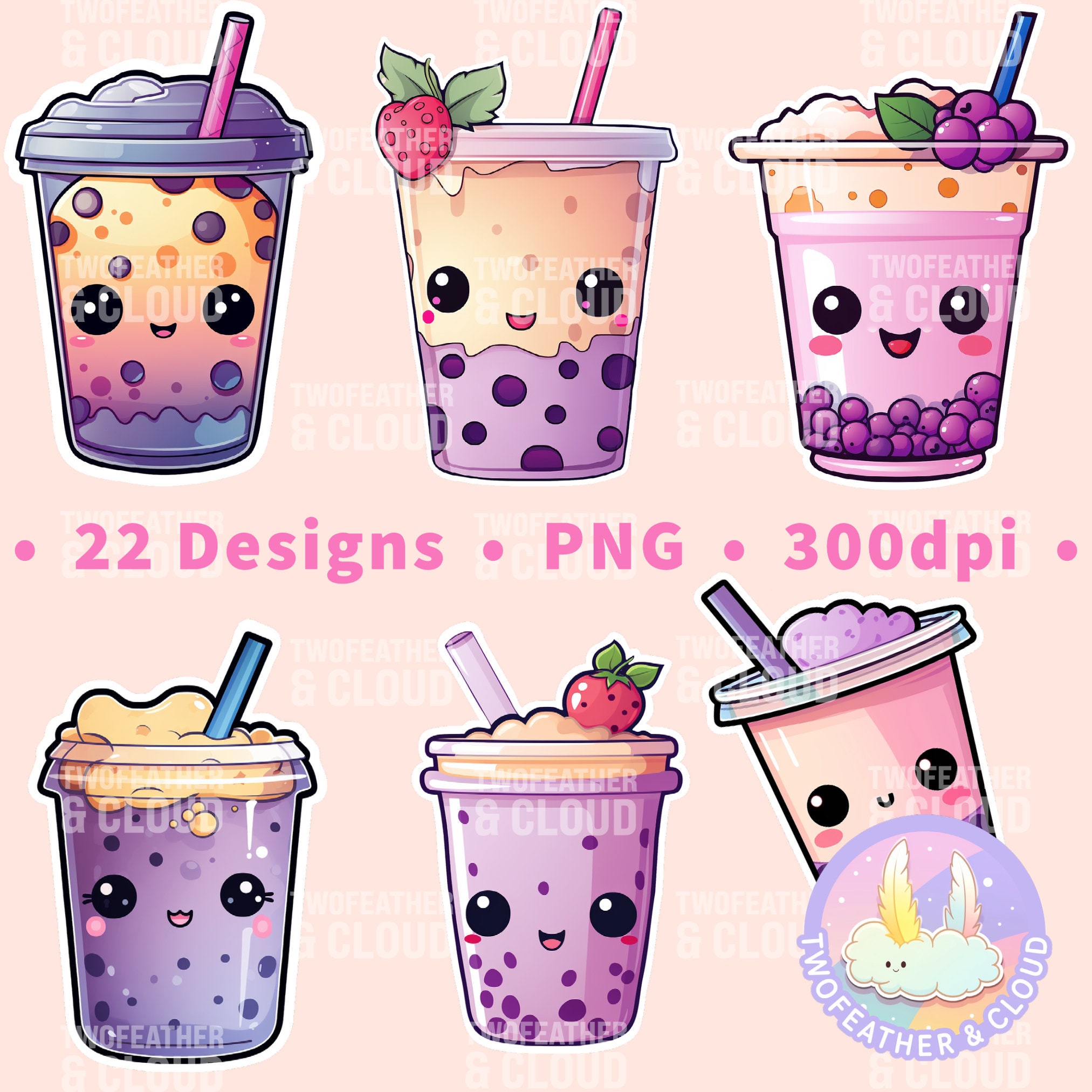 Kawaii Boba Bubble Tea Clip Art PNG - 22 Cute Watercolor Illustrations ...