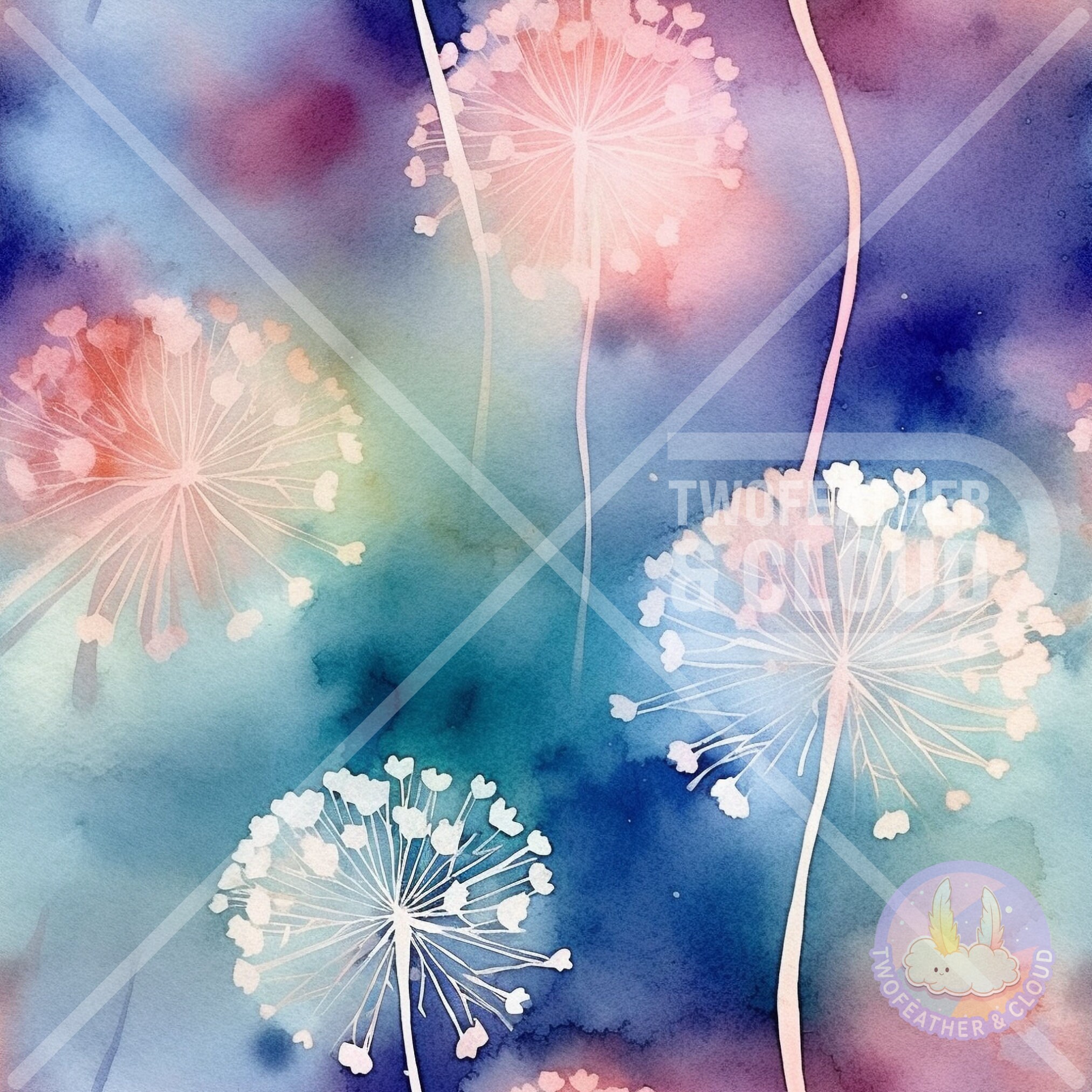 Dandelion Puff Watercolor Digital Paper Printable Scrapbook Papers Seamless Flower Patterns ...