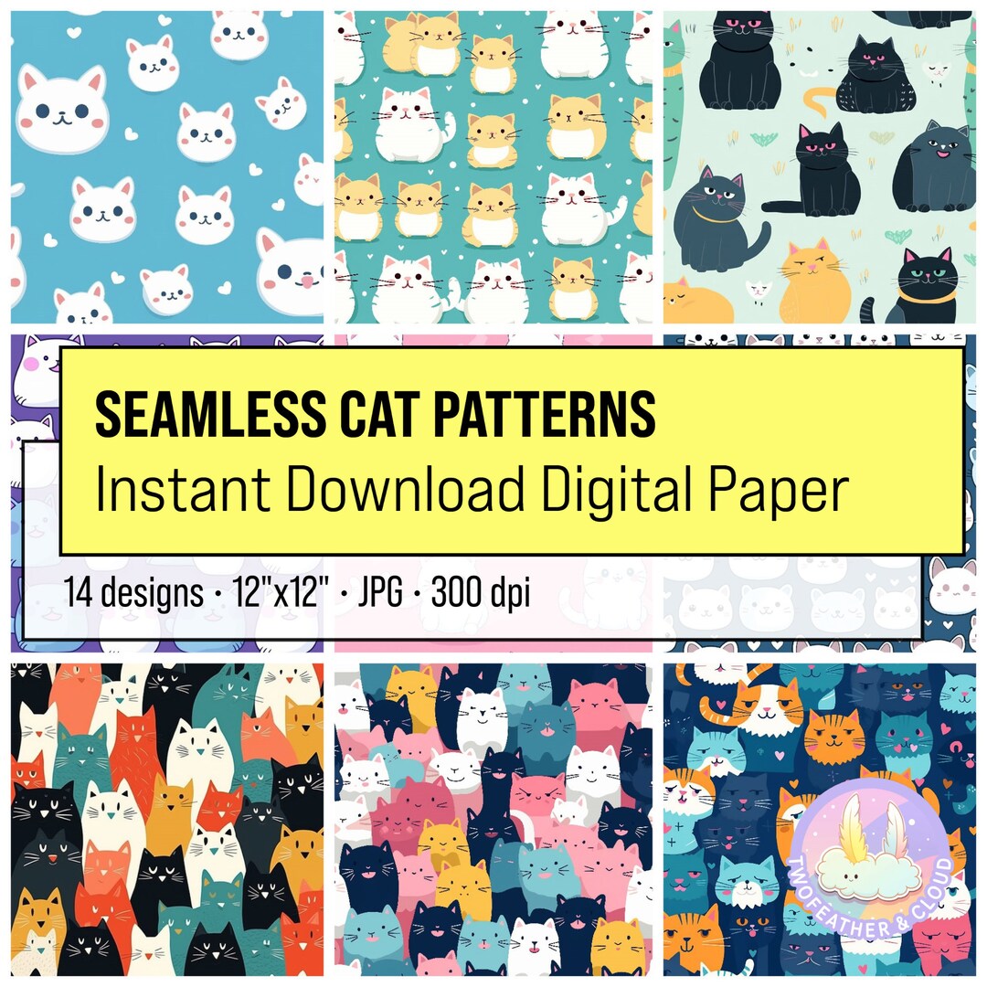 Set of 14 Seamless Cat Patterns Cat Digital Papers Cat Wallpaper ...