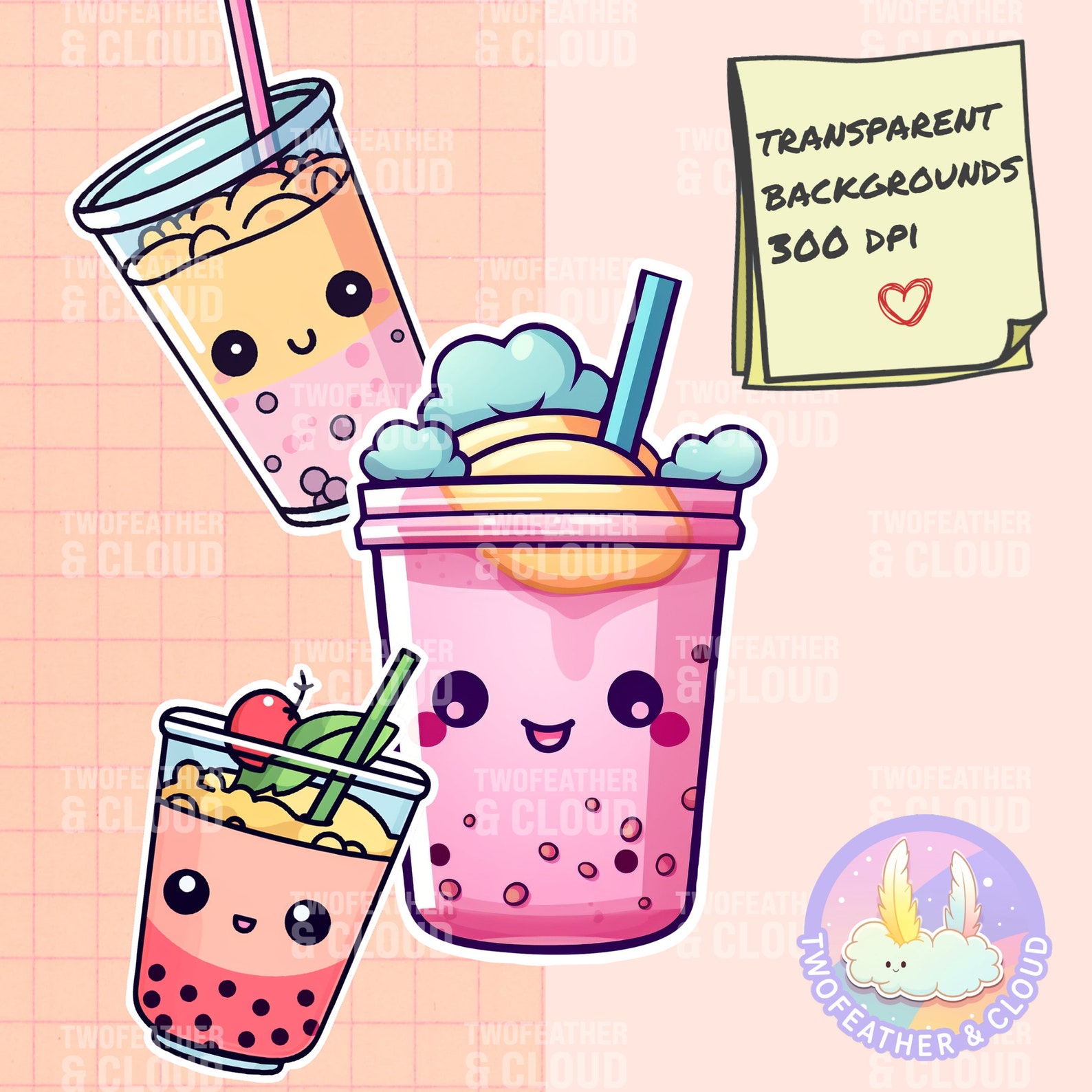Kawaii Boba Bubble Tea Clip Art PNG - 22 Cute Watercolor Illustrations ...