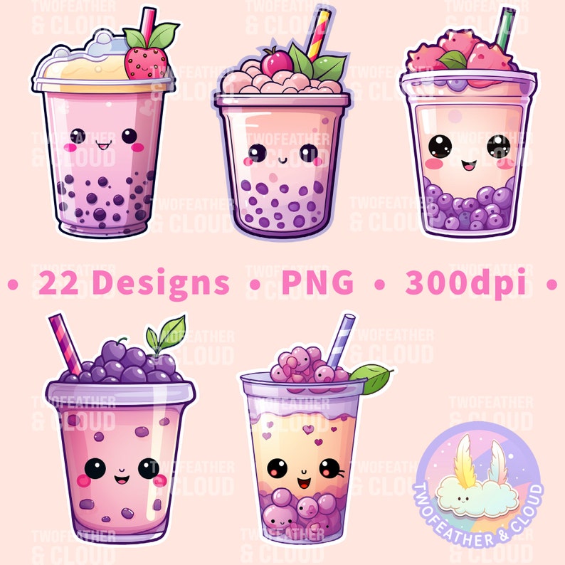 Kawaii Boba Bubble Tea Clip Art PNG - 22 Cute Watercolor Illustrations ...