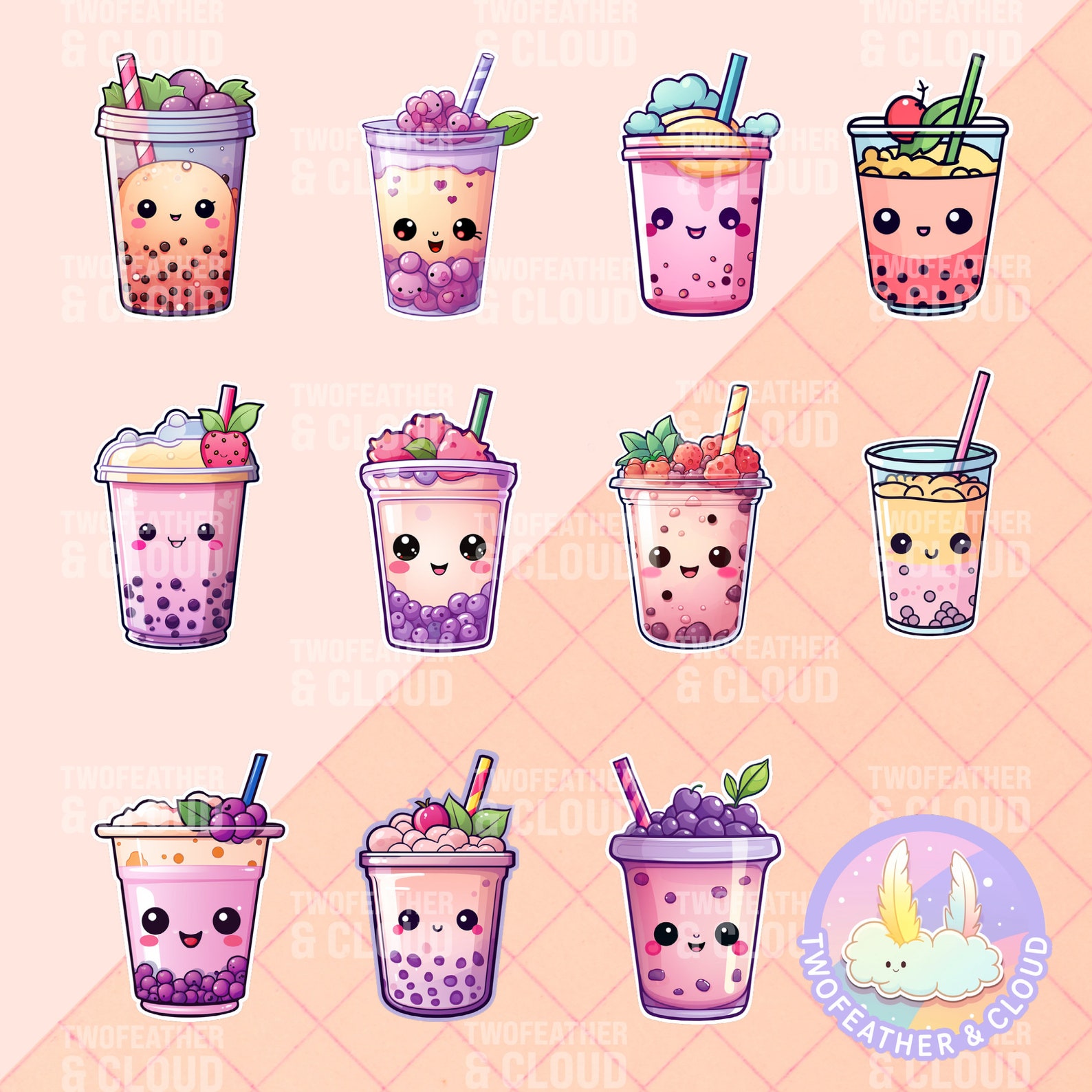 Kawaii Boba Bubble Tea Clip Art PNG 22 Cute Watercolor Illustrations of ...