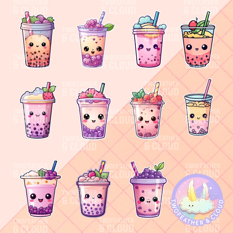 Kawaii Boba Bubble Tea Clip Art PNG - 22 Cute Watercolor Illustrations ...