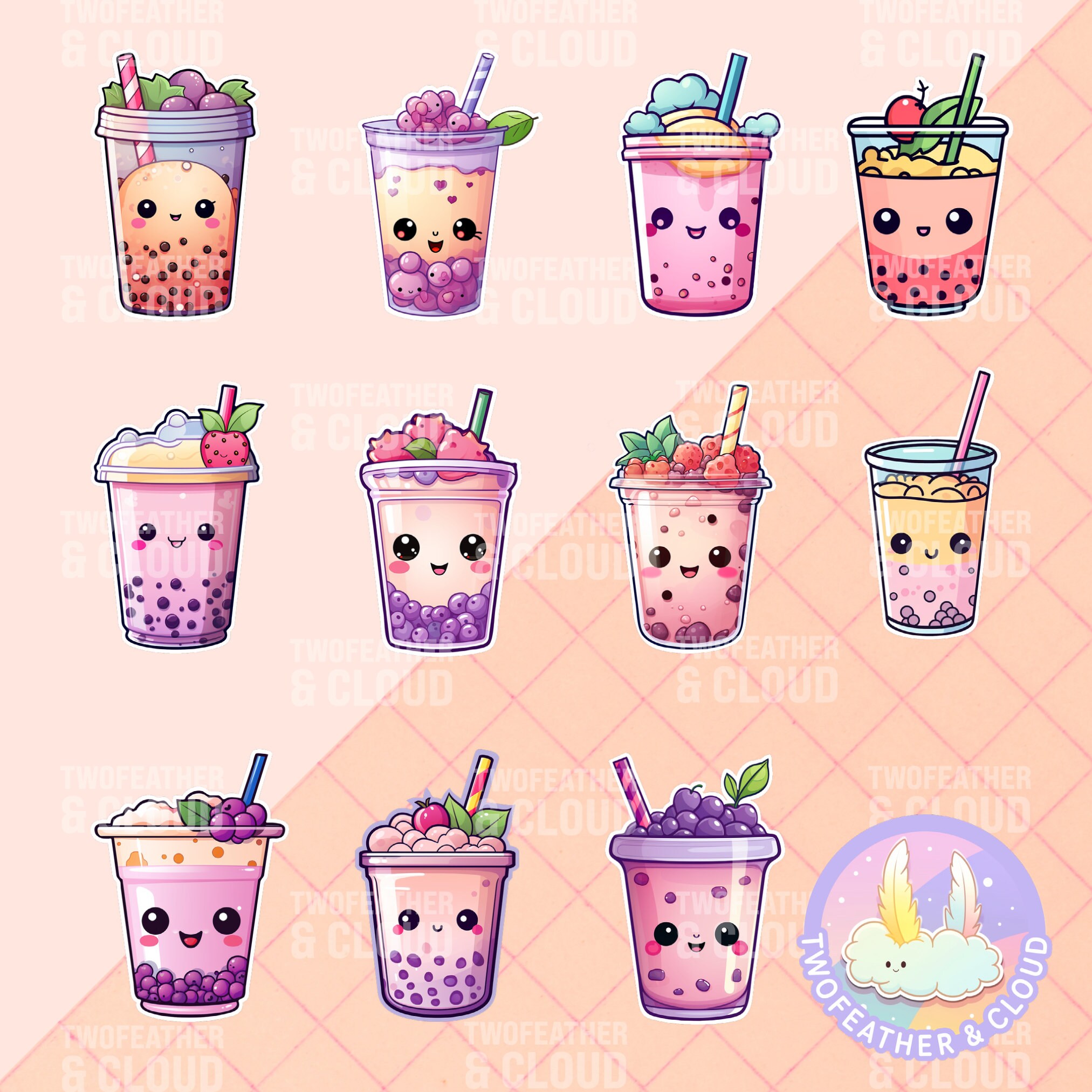 Kawaii Boba Bubble Tea Clip Art PNG 22 Cute Watercolor Illustrations of ...
