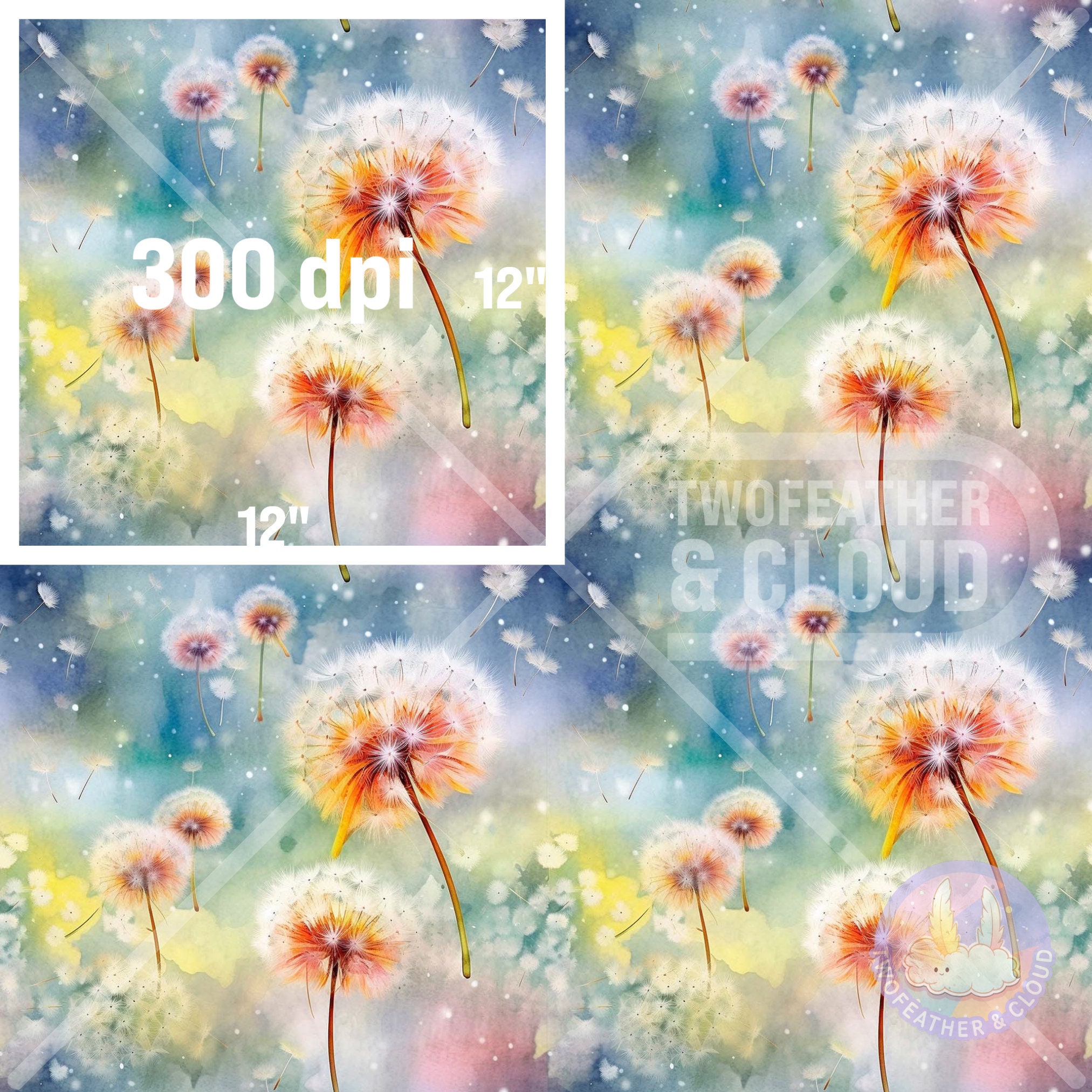 Dandelion Puff Watercolor Digital Paper Printable Scrapbook Papers Seamless Flower Patterns ...