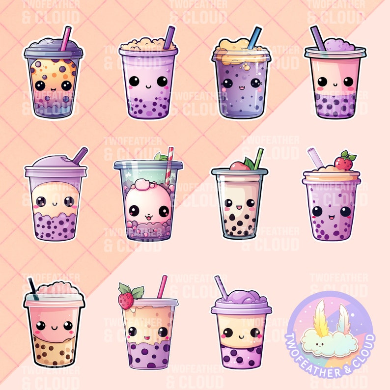 Kawaii Boba Bubble Tea Clip Art PNG - 22 Cute Watercolor Illustrations ...