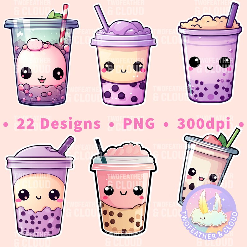 Kawaii Boba Bubble Tea Clip Art PNG - 22 Cute Watercolor Illustrations ...