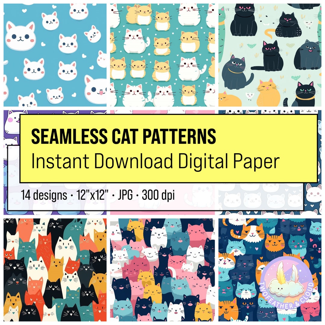 14 Seamless Cat Patterns Digital Download Cat Scrapbooking Digital ...