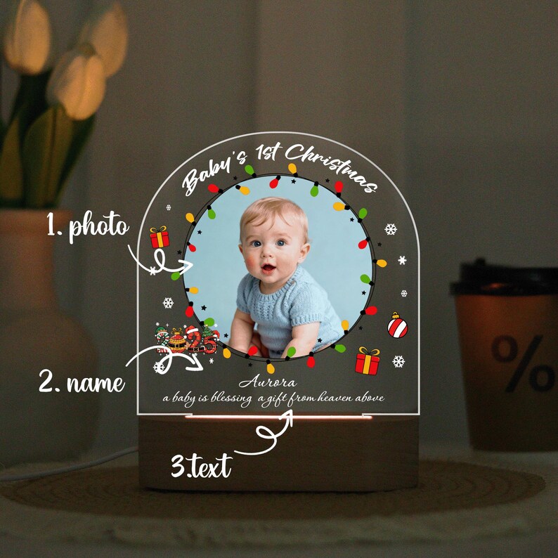 Peronalized Baby Photo Night Light, Baby's 1st Christmas Light, Custom ...