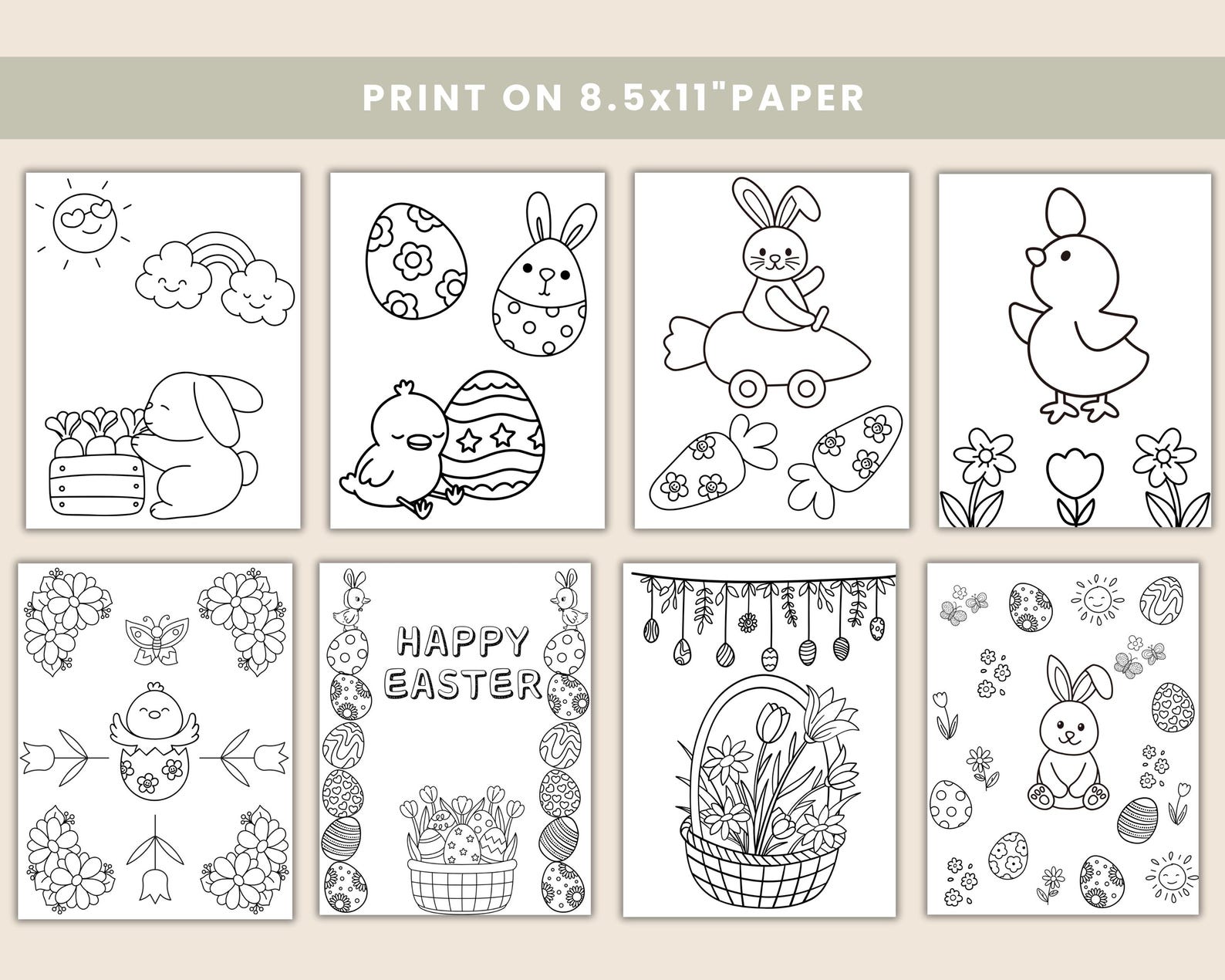 Easter Coloring Pages: 20 Bunny, Chick, Egg Designs (PDF) - Etsy