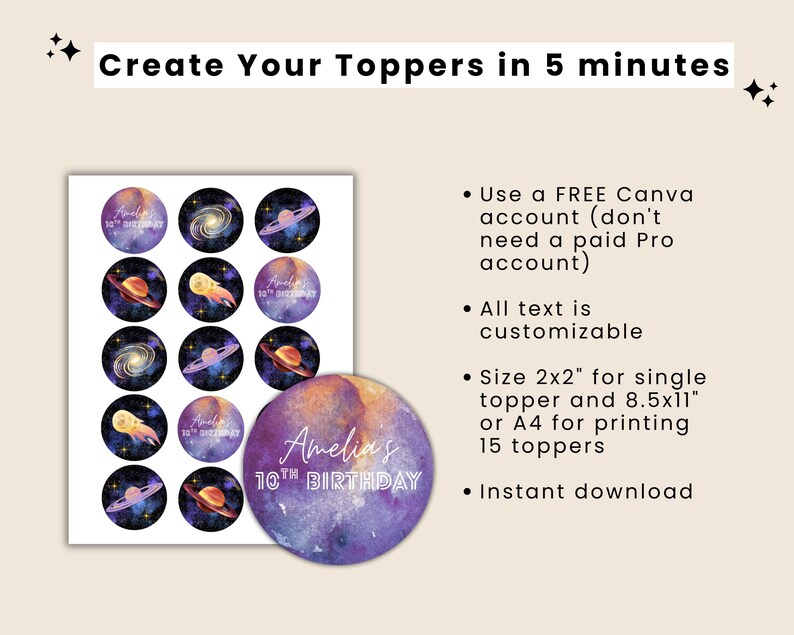 Editable Galaxy Birthday Cupcake Toppers: Cosmic Girl Party Decor ...