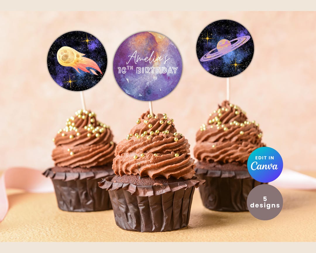 Editable Galaxy Birthday Cupcake Toppers: Cosmic Girl Party Decor ...