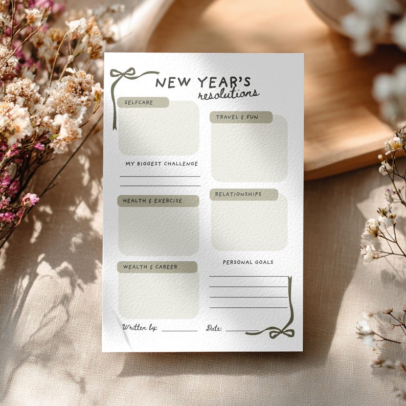 New Years Resolutions Cards: Minimalist Bow Theme, Printable Goal ...