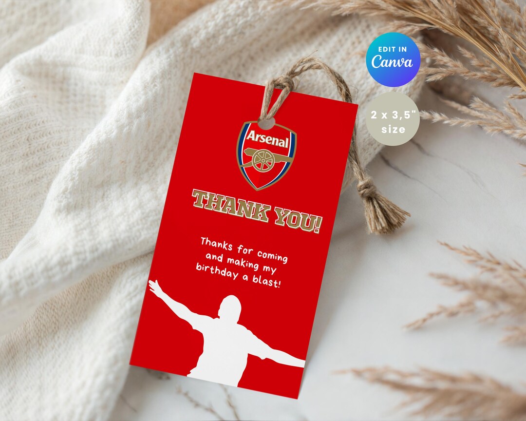 Arsenal FC Birthday Thank You Tag: Editable Soccer Party Favor (digital ...