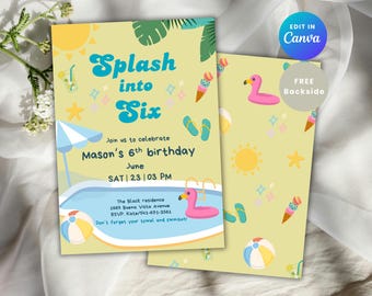 Editable Splash Into Six 6th Birthday Pool Party Invitation Tropical ...